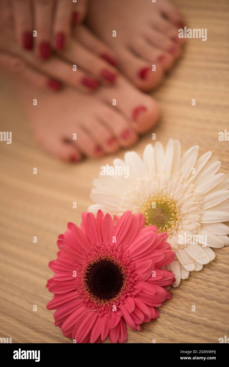 Closeup photo of a female feet and hands at spa salon on pedicure and ...