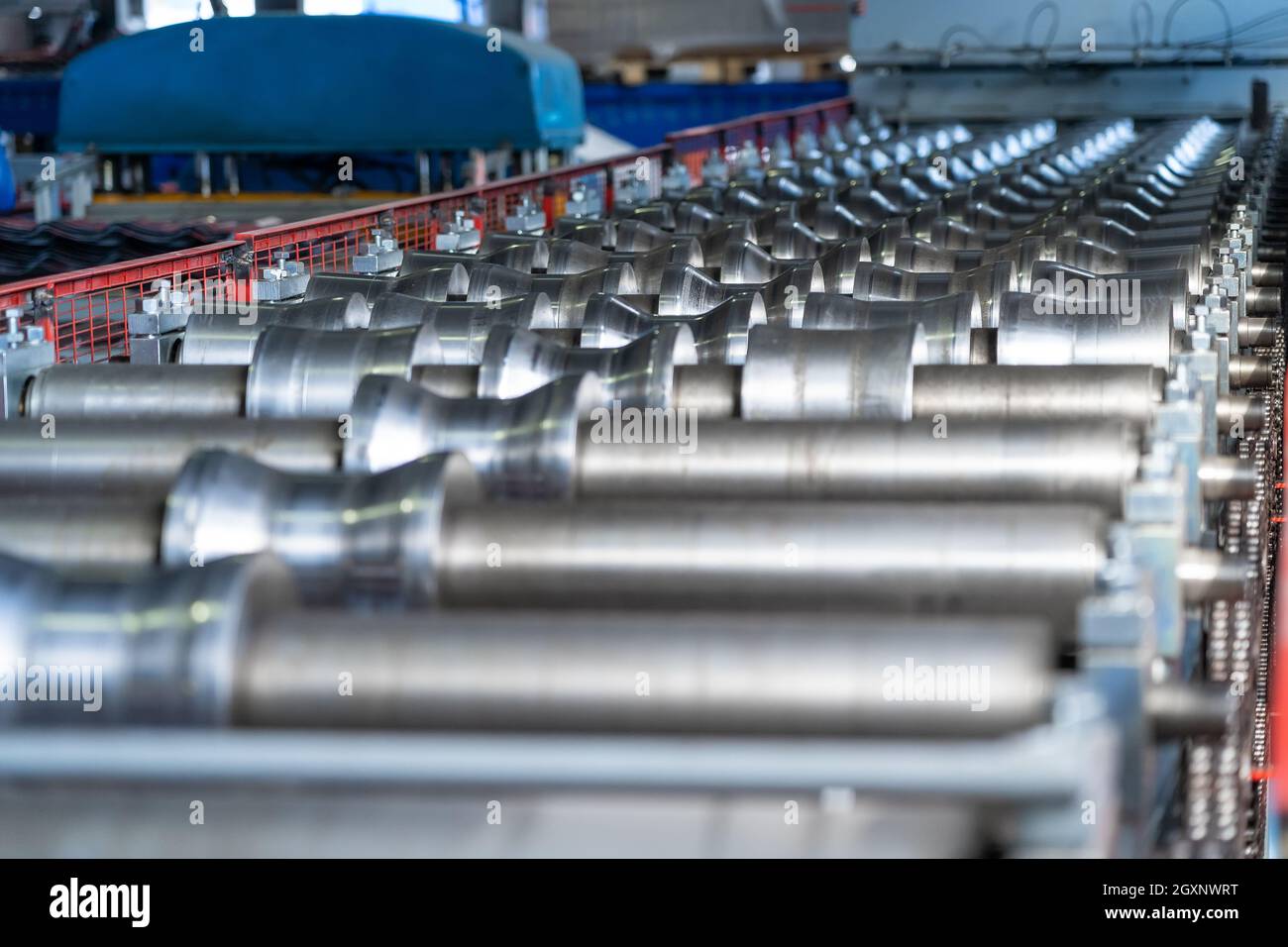 Production line of metal tile for roof. Steel forming machine in ...