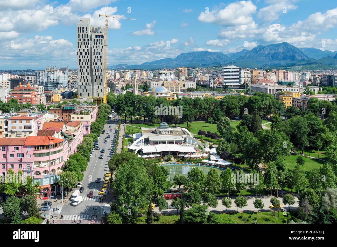 View over the city center of Tirana, Rinia Park, Taivani Center and new ...