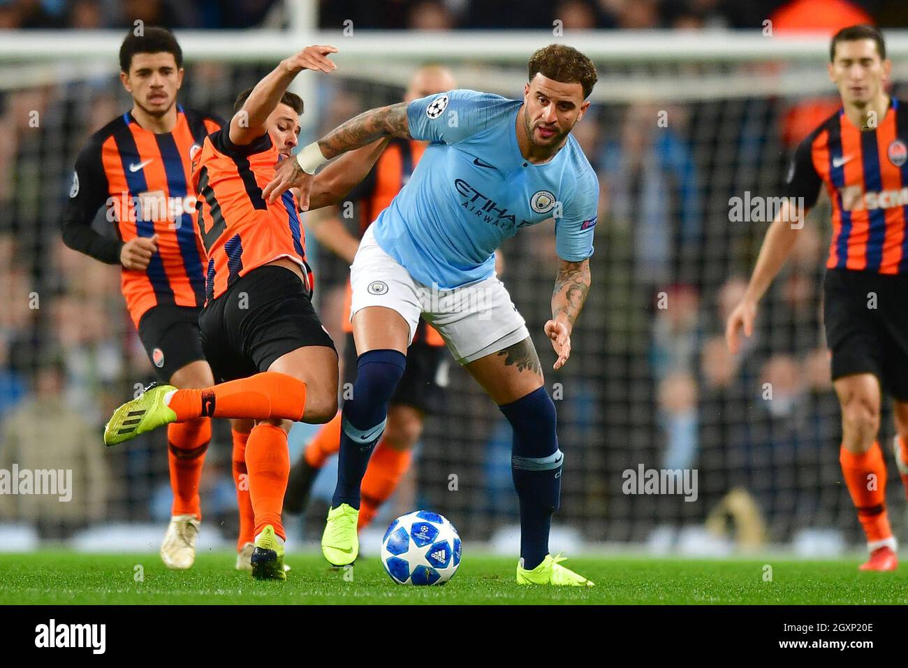 Manchester City's Kyle Walker avoids a challenge from Shakhtar Donetsk’s Junior Moraes Stock ...