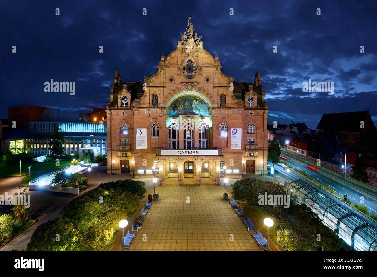 Night view, aerial view, state theatre, opera house, illuminated, art ...