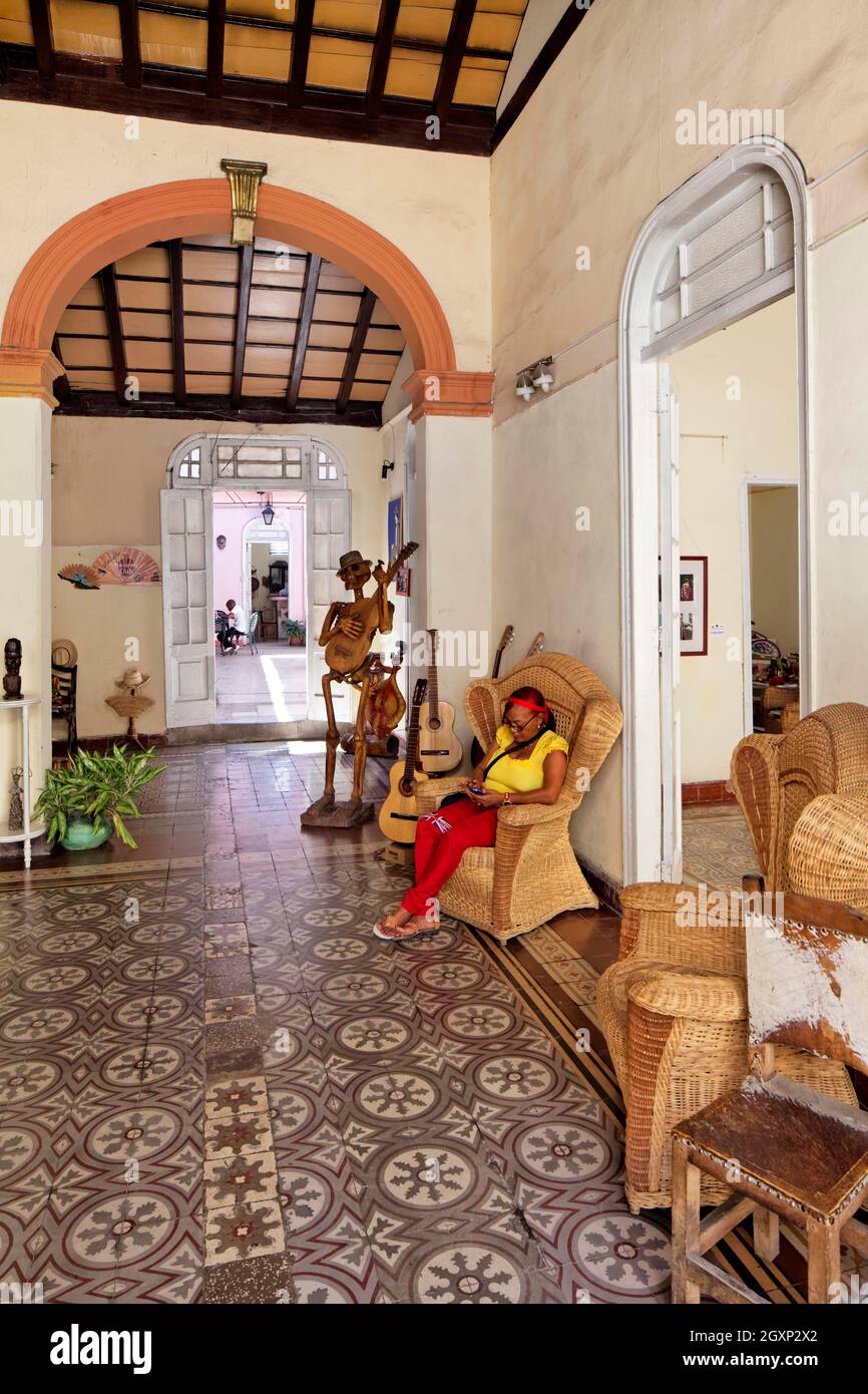 View into old colonial house, high ceiling with coffers, floor with ...