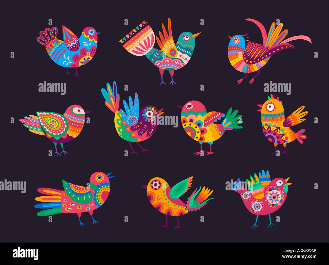 Mexican birds with colorful ornaments, feathers and tails. Vector ...