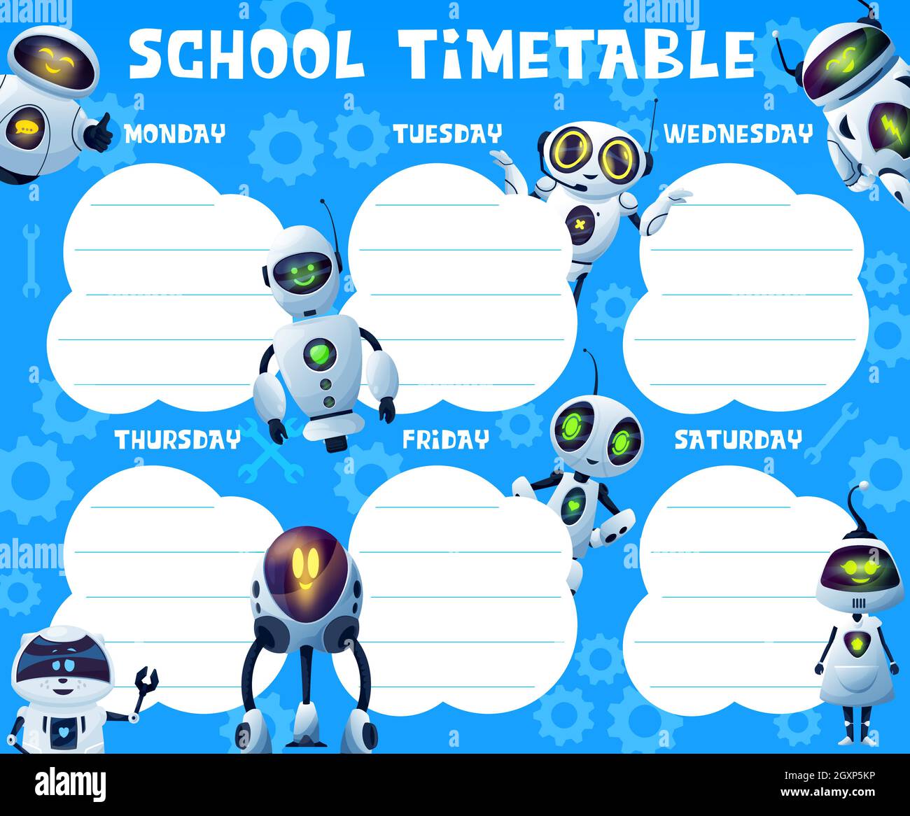 Timetable with androids and robots, school education vector schedule ...