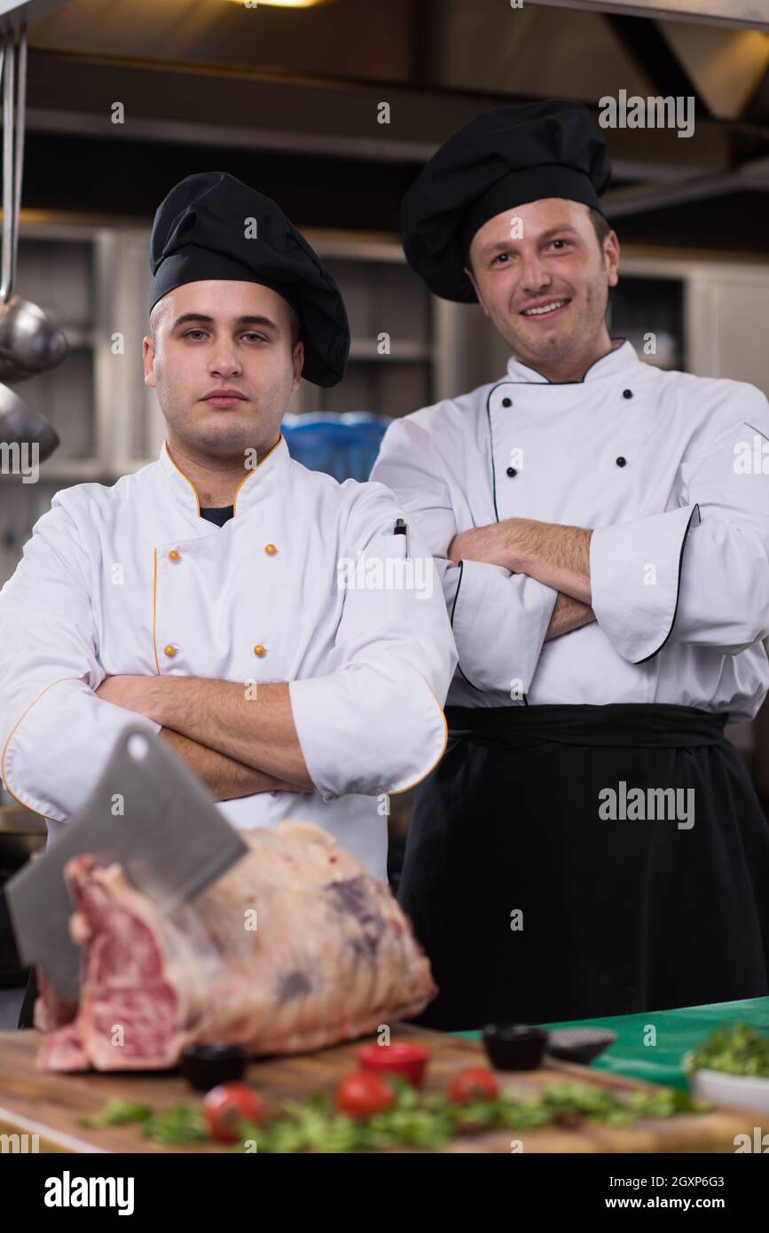 Portrait of two chefs standing together in commercial kitchen at ...