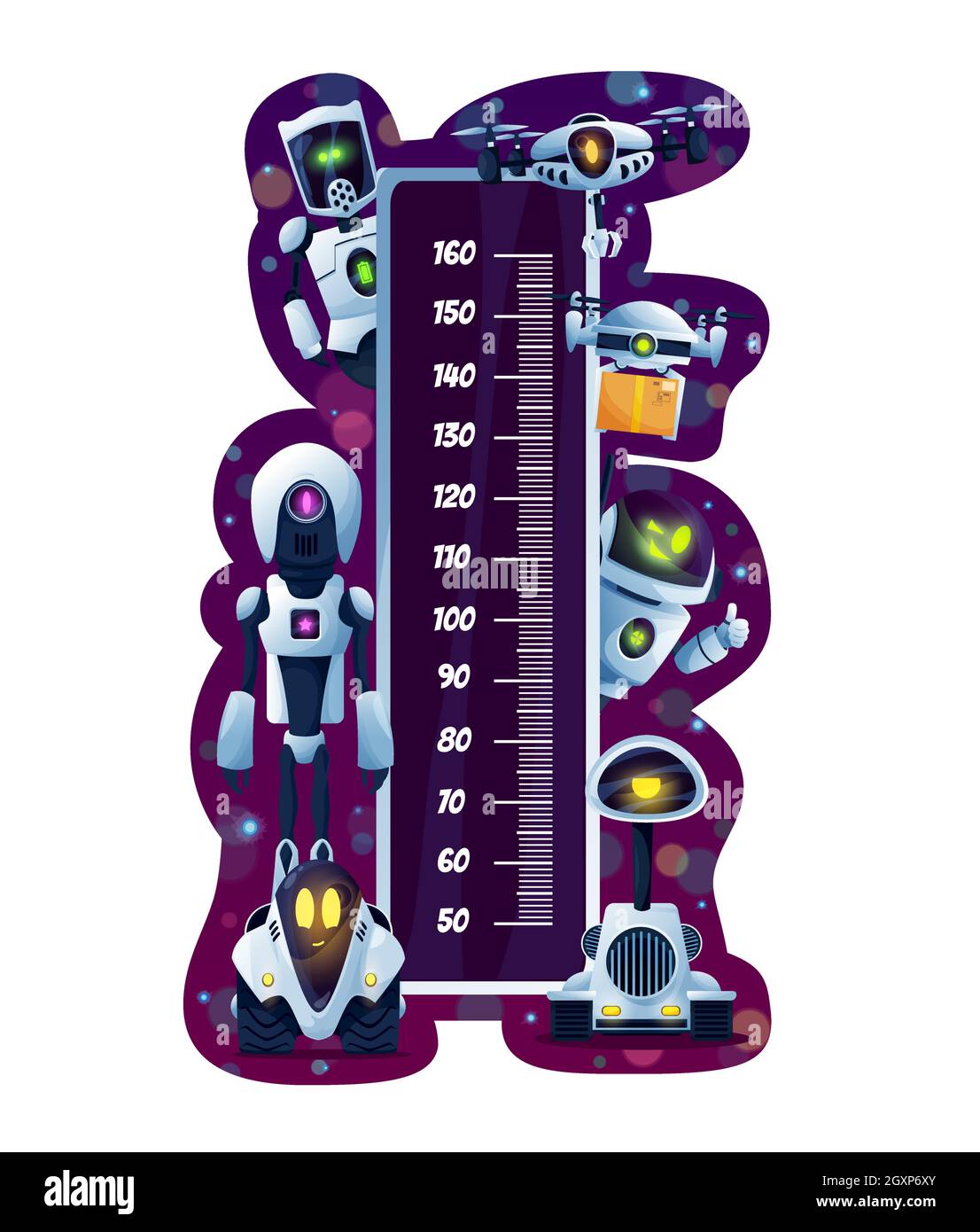 Kids height chart or growth measure meter with cartoon robots and ...