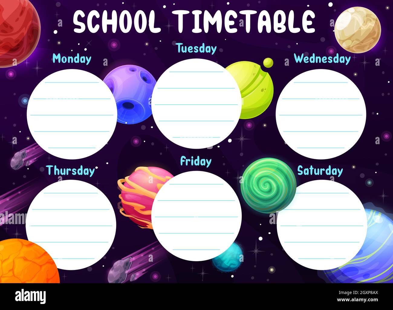 Galaxy school timetable. Kids lessons timetable with cartoon vector ...