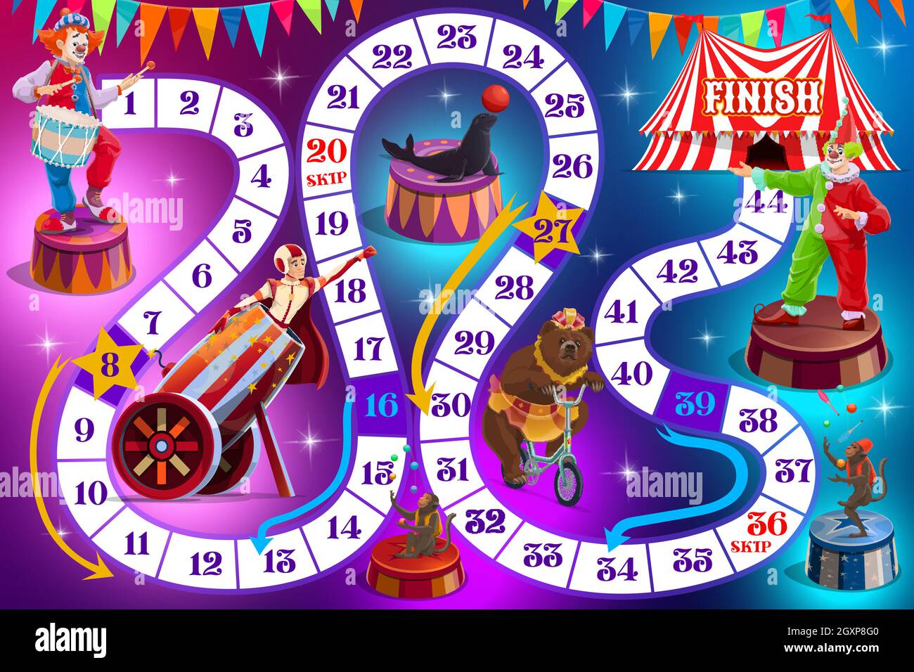 Cartoon circus performers on kids board game. Child playing activities ...