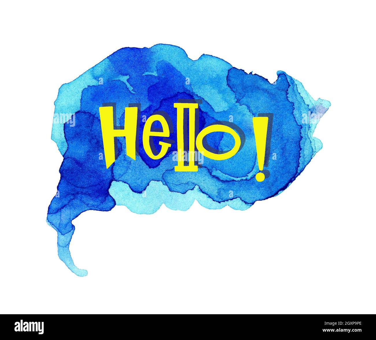 Watercolor illustration of yellow text hello on blue watercolor blot. A ...