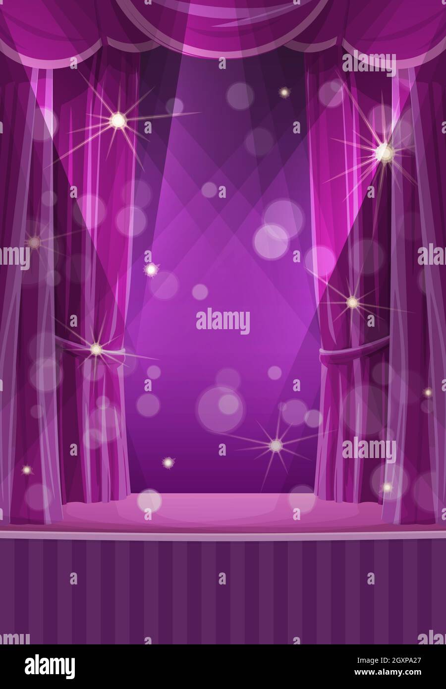 Purple curtains on stage, circus or theater empty vector scene with ...