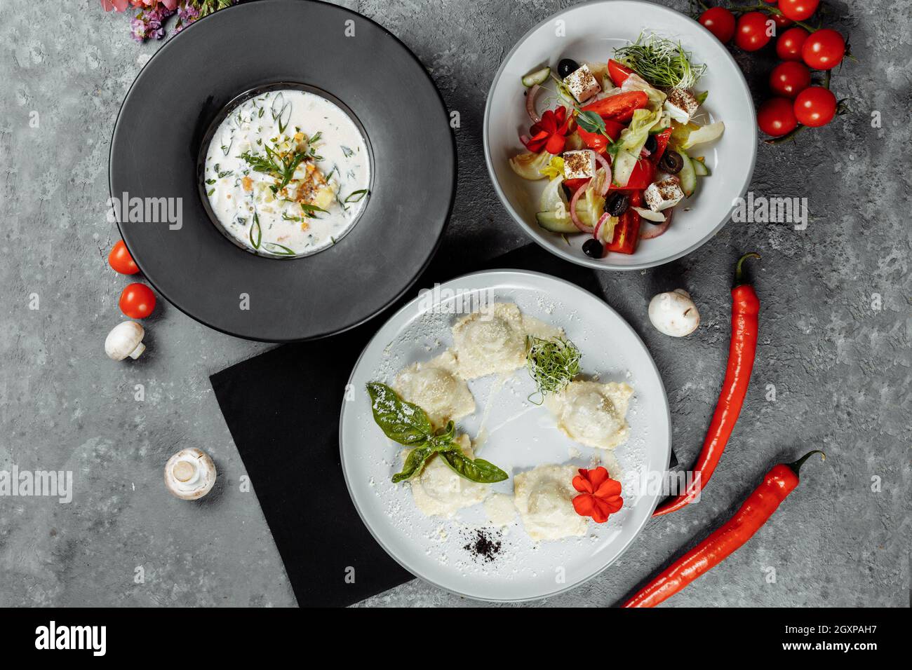 Three-course set menu for a nutritious healthy lunch in a restaurant ...