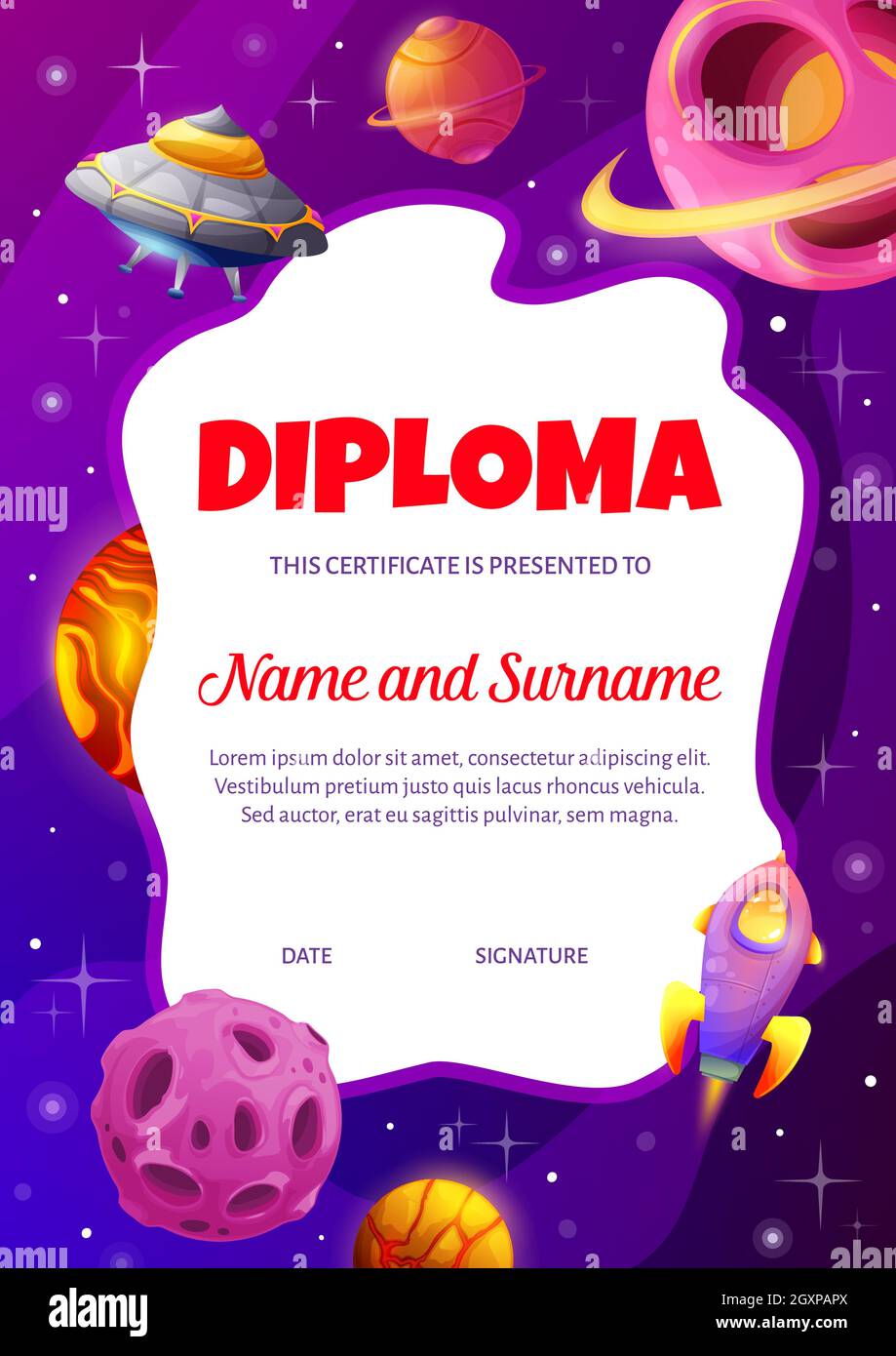 Cartoon flying saucer and space rocket in starry galaxy kids diploma ...