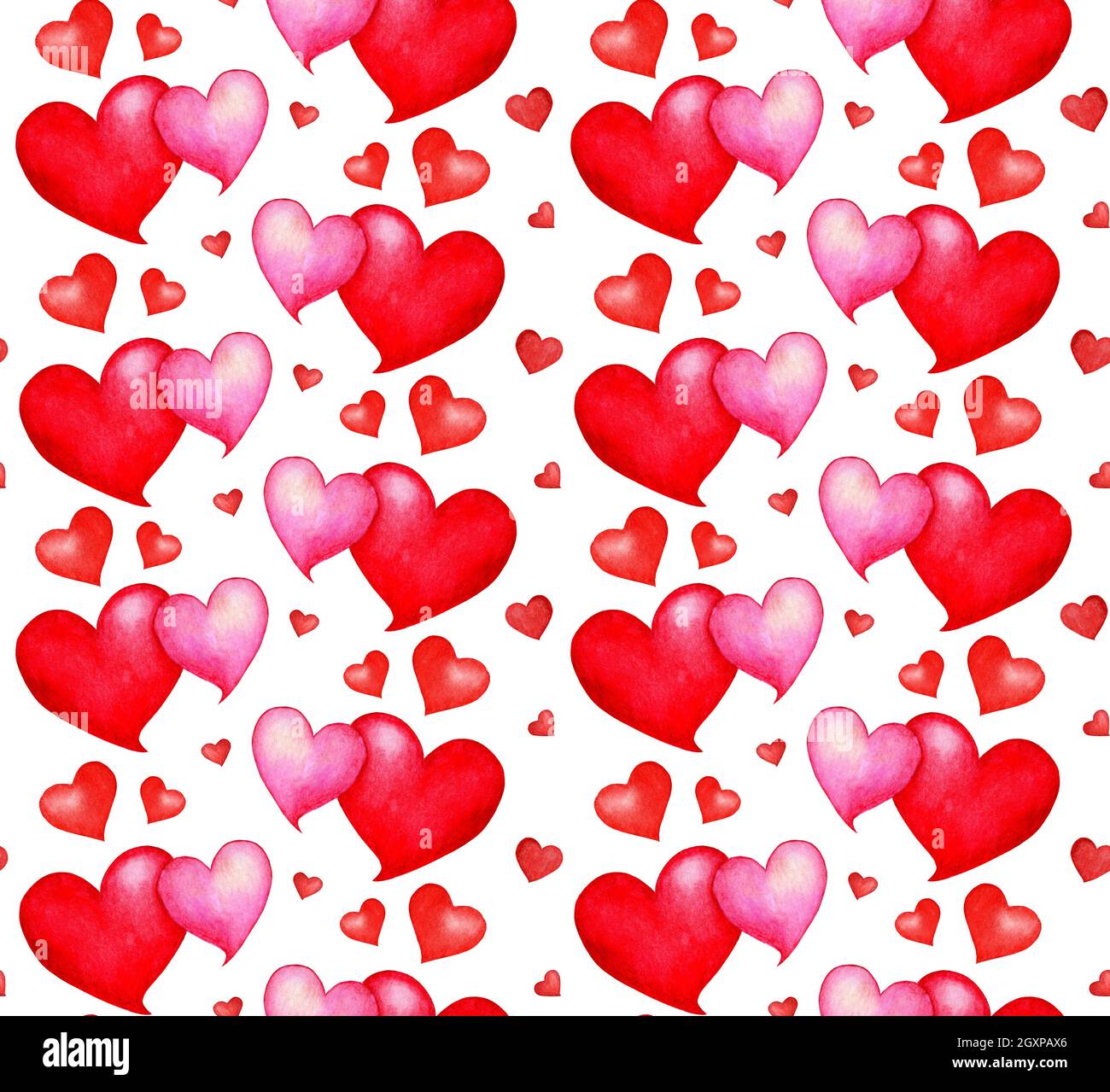 Watercolor illustration of seamless heart pattern. Red and pink hearts ...