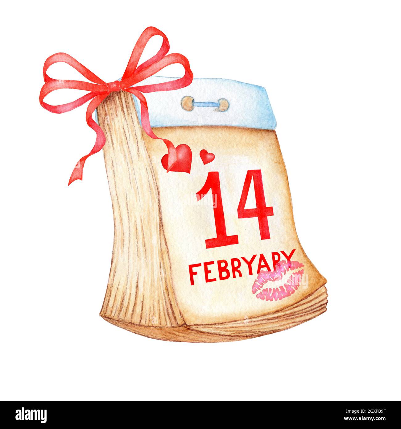 A watercolor drawing of a calendar with the date February 14, decorated ...