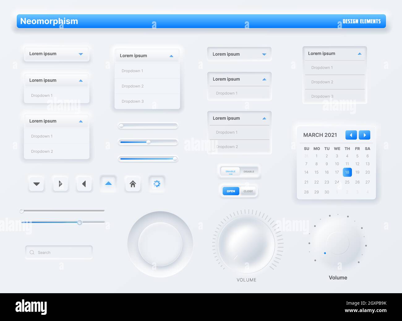 Neumorphic UI, user interface buttons, search bars and switches. Vector ...