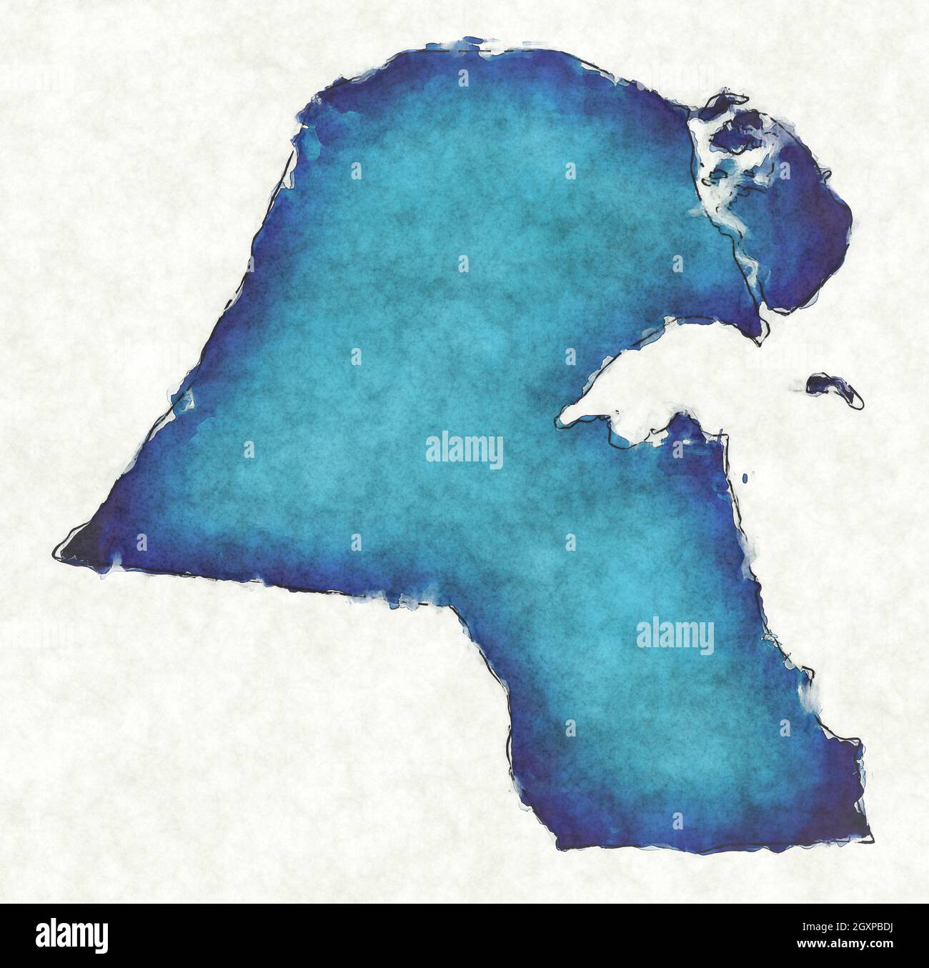 Kuwait map with drawn lines and blue watercolor illustration Stock ...