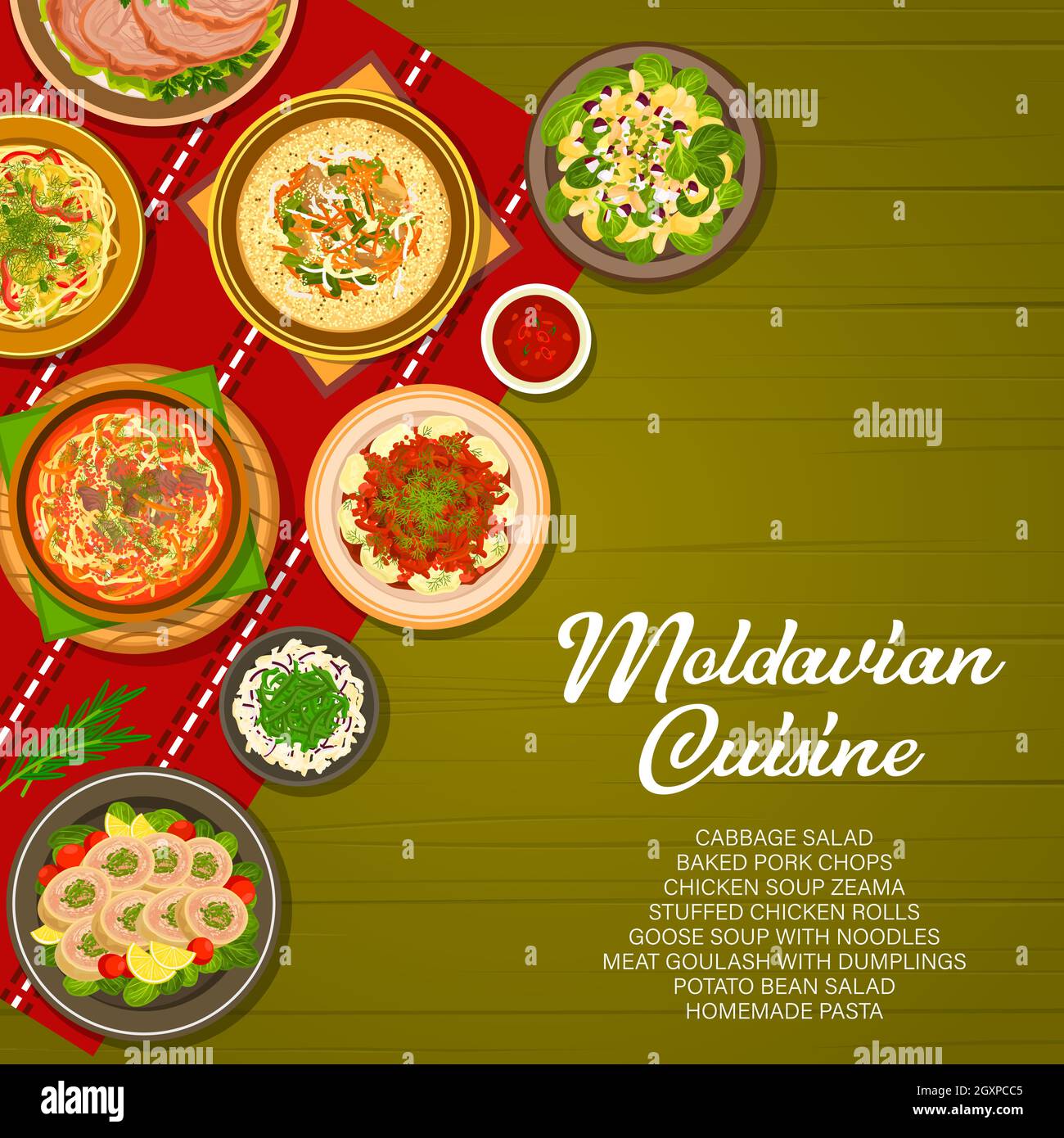Moldavian food cuisine, Moldovan menu cover, meals of lunch and dinner ...