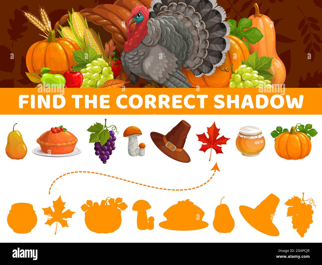 Find correct shadow, Thanksgiving autumn items, vector kids game or ...