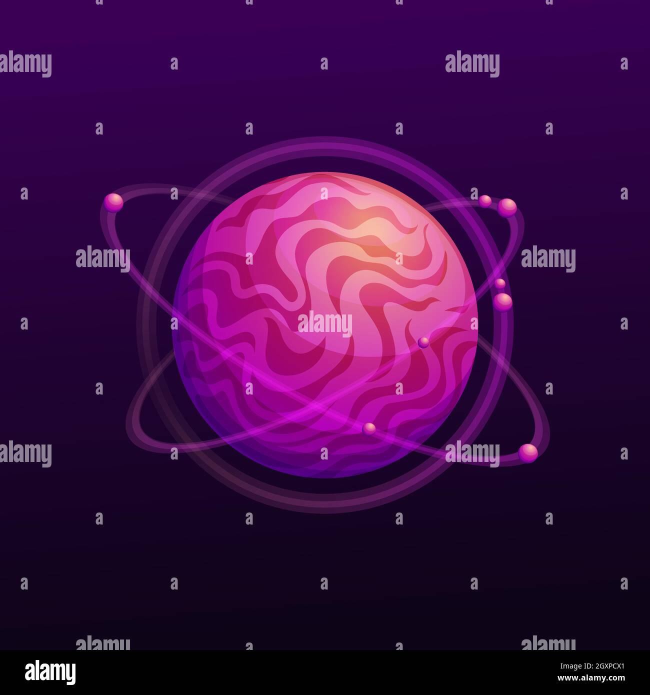 Planet of purple magma surrounded by rotating orbits isolated far alien ...
