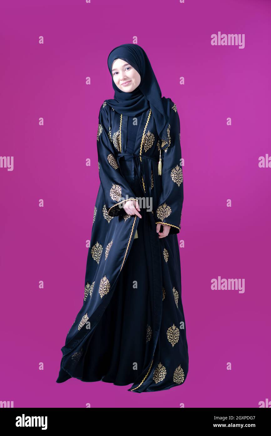 beautiful muslim woman in fashinable dress with hijab isolated on ...