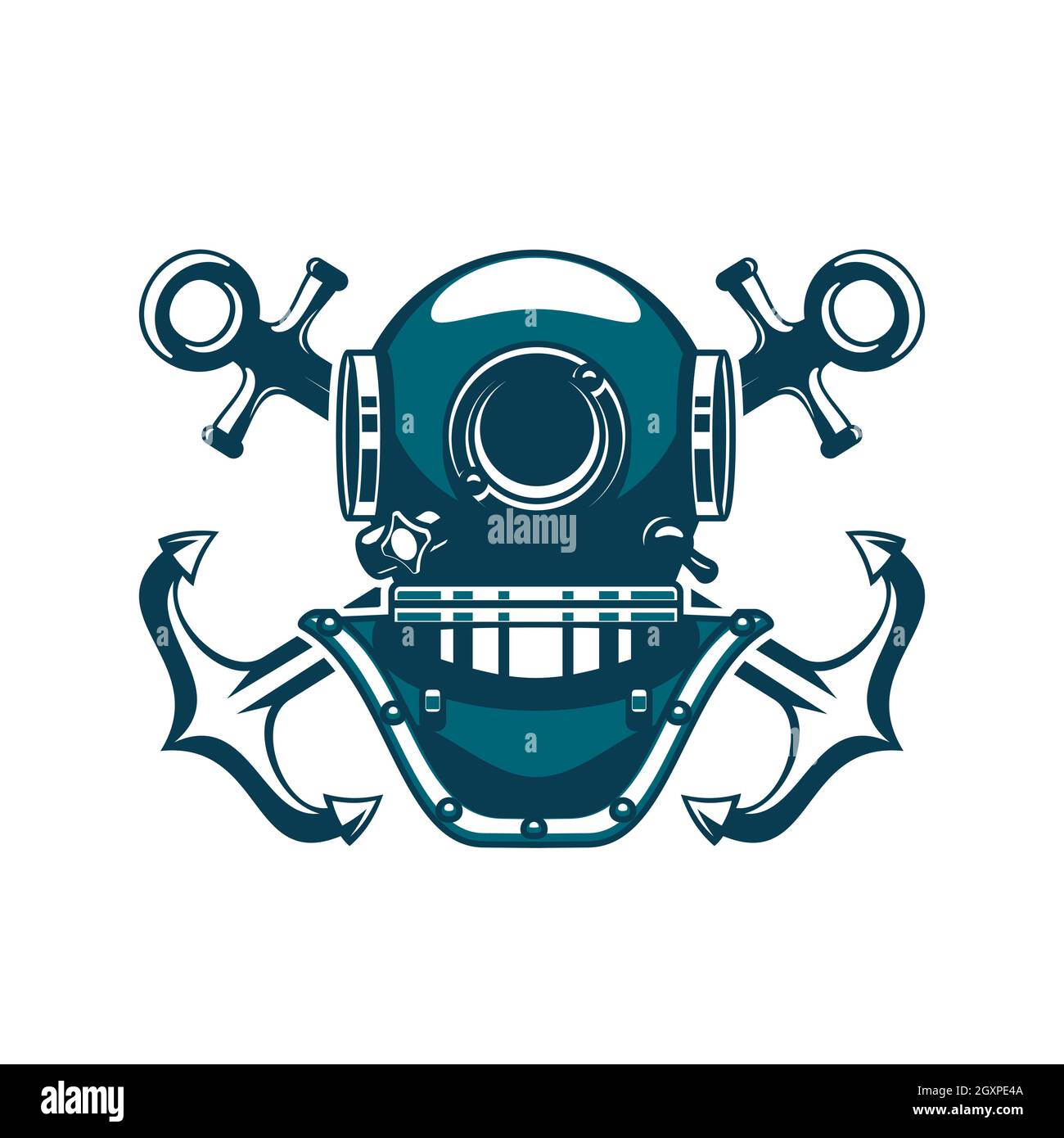 Marine heraldic icon of diving helmet and crossed anchors, vector ...