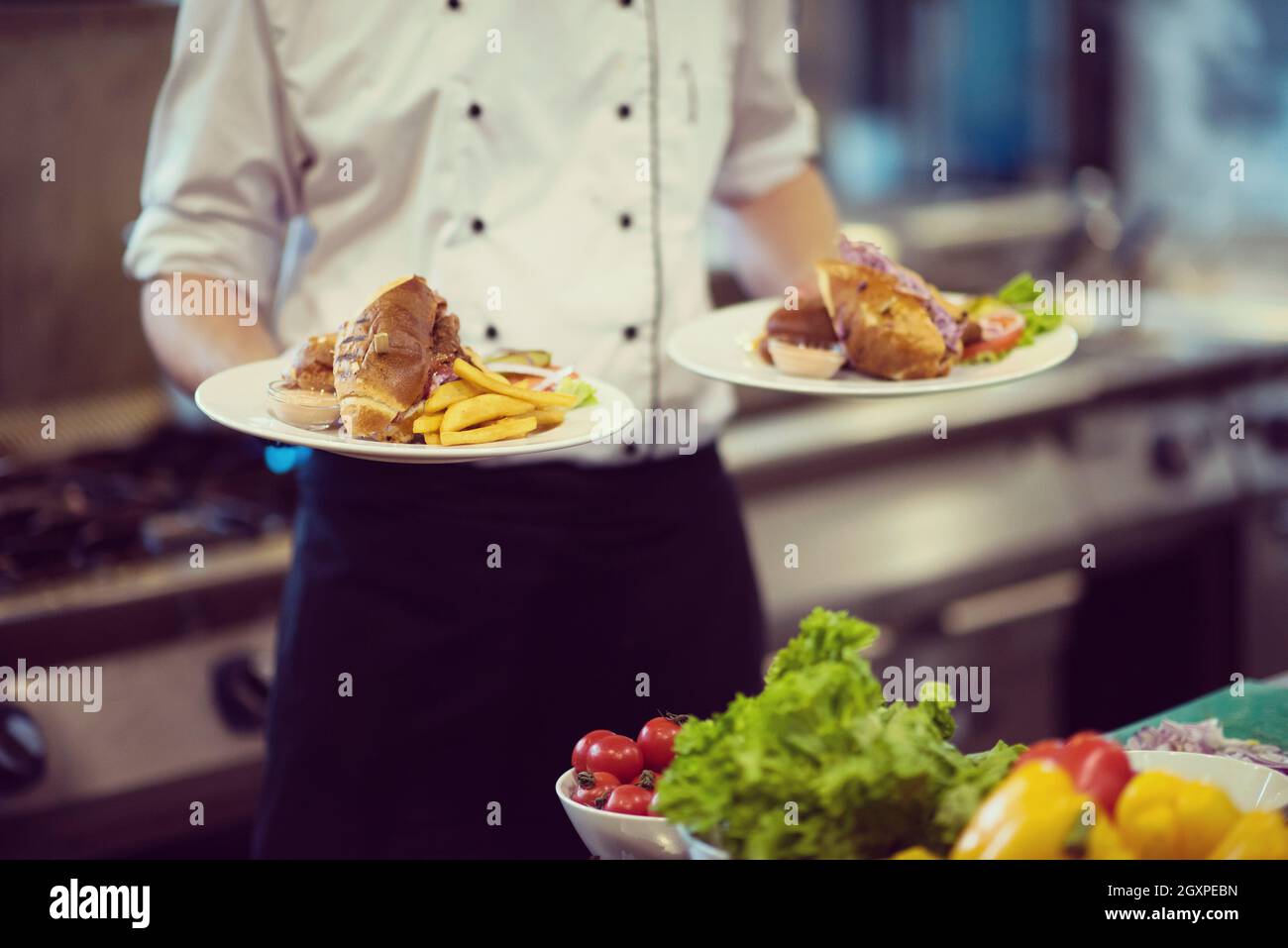 young Chef presenting dishes of tasty meals in commercial kitchen Stock ...