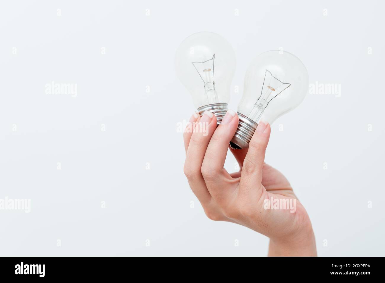 Woman Hands Holding Lamp Presenting Ideas For Project, Man Palm Showing ...