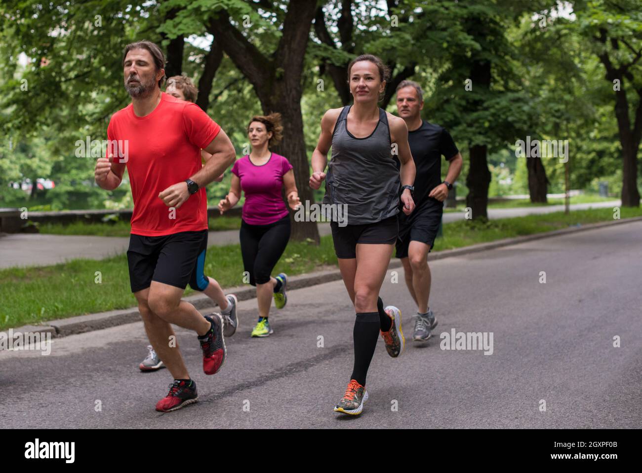 group of healthy people jogging in city park, runners team on morning ...