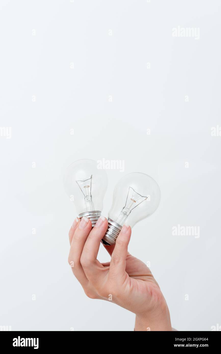 Woman Hands Holding Lamp Presenting Ideas For Project, Man Palm Showing ...