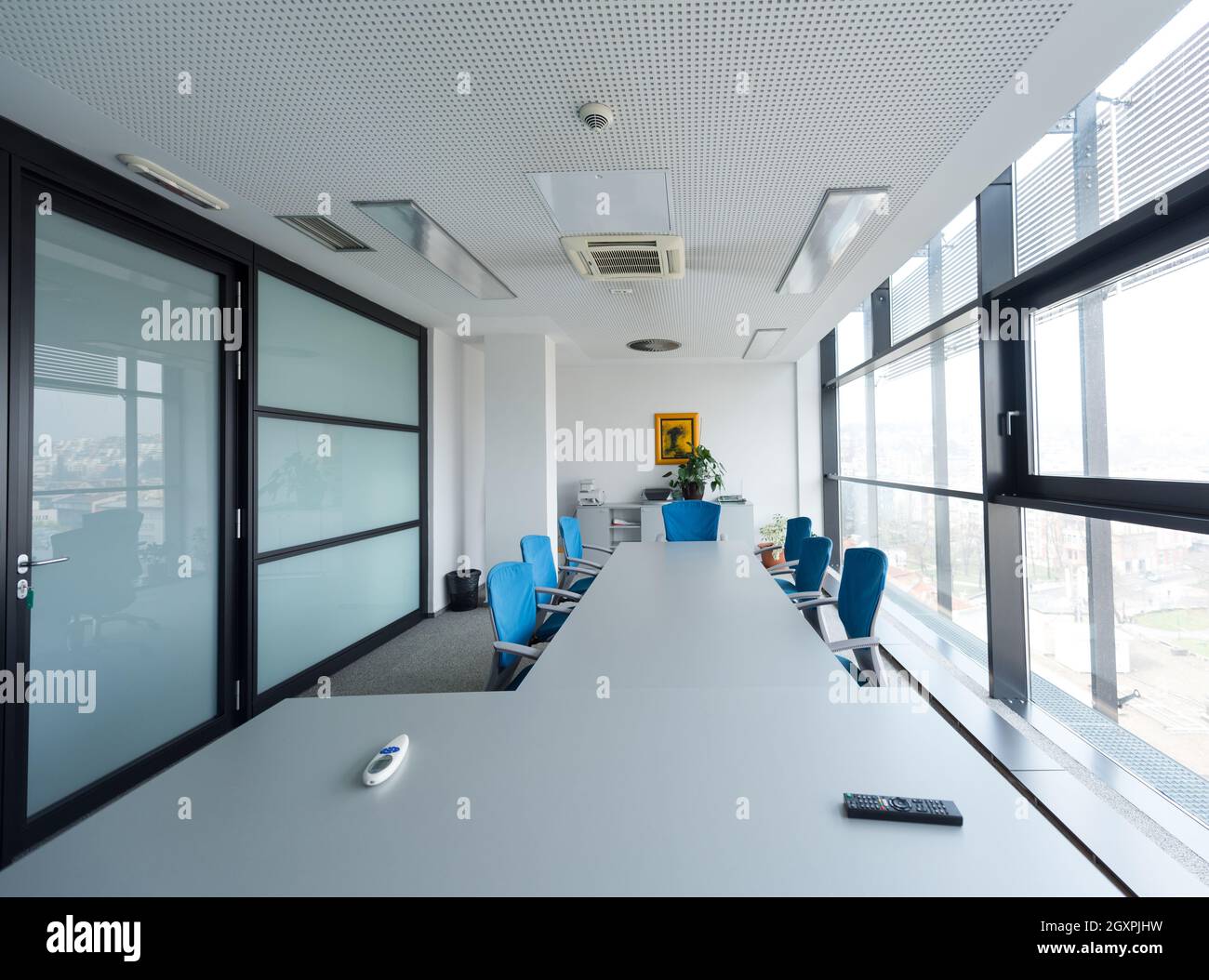 interior of new modern office meeting room with big windows Stock Photo ...