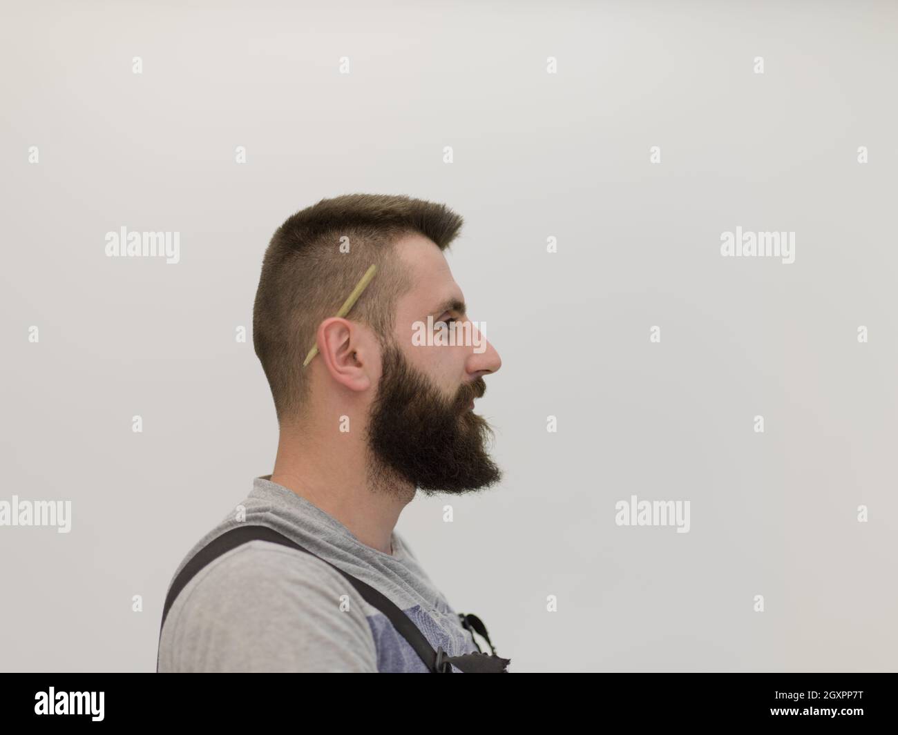 portrait of bearded hipster handyman with pen behind ear isolated on ...