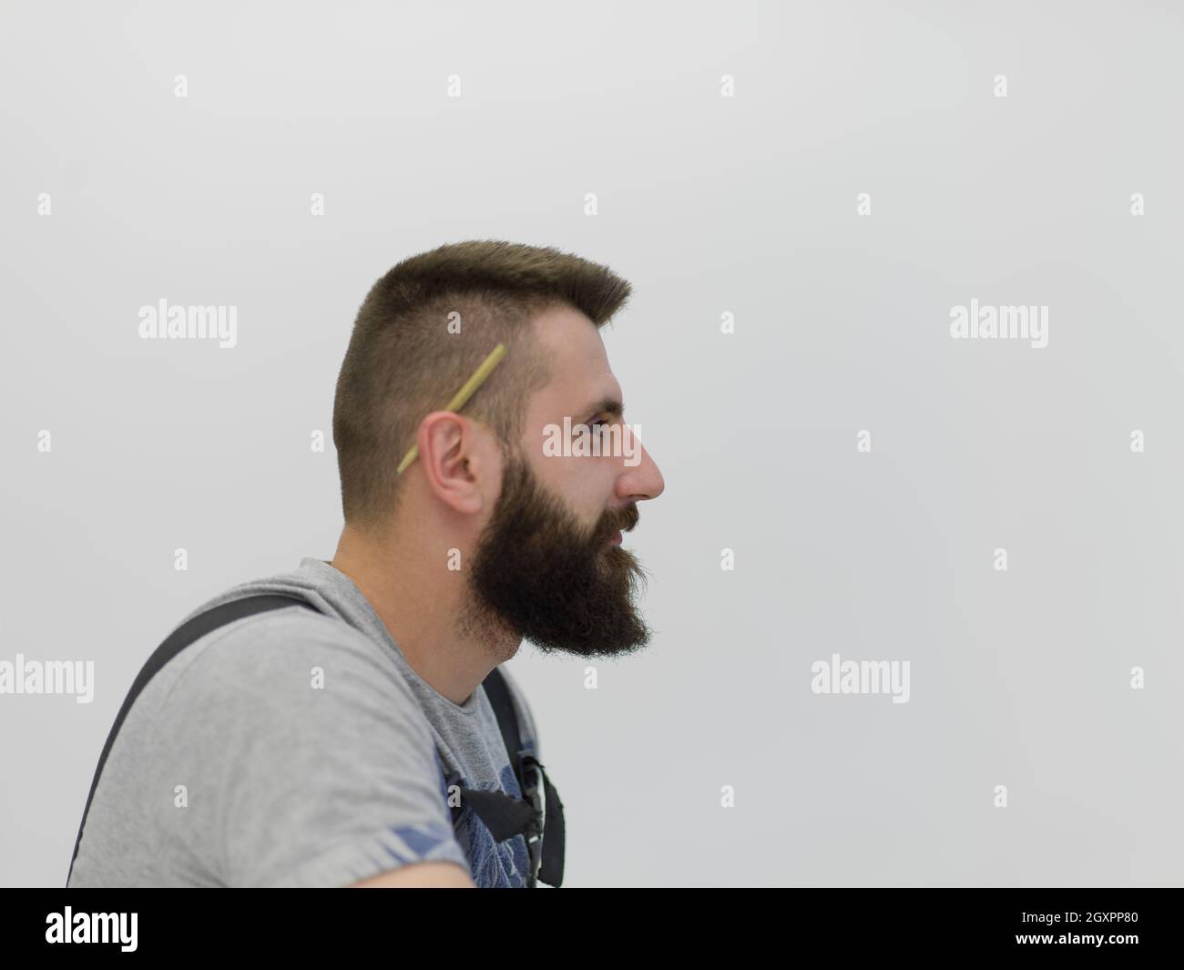 portrait of bearded hipster handyman with pen behind ear isolated on ...