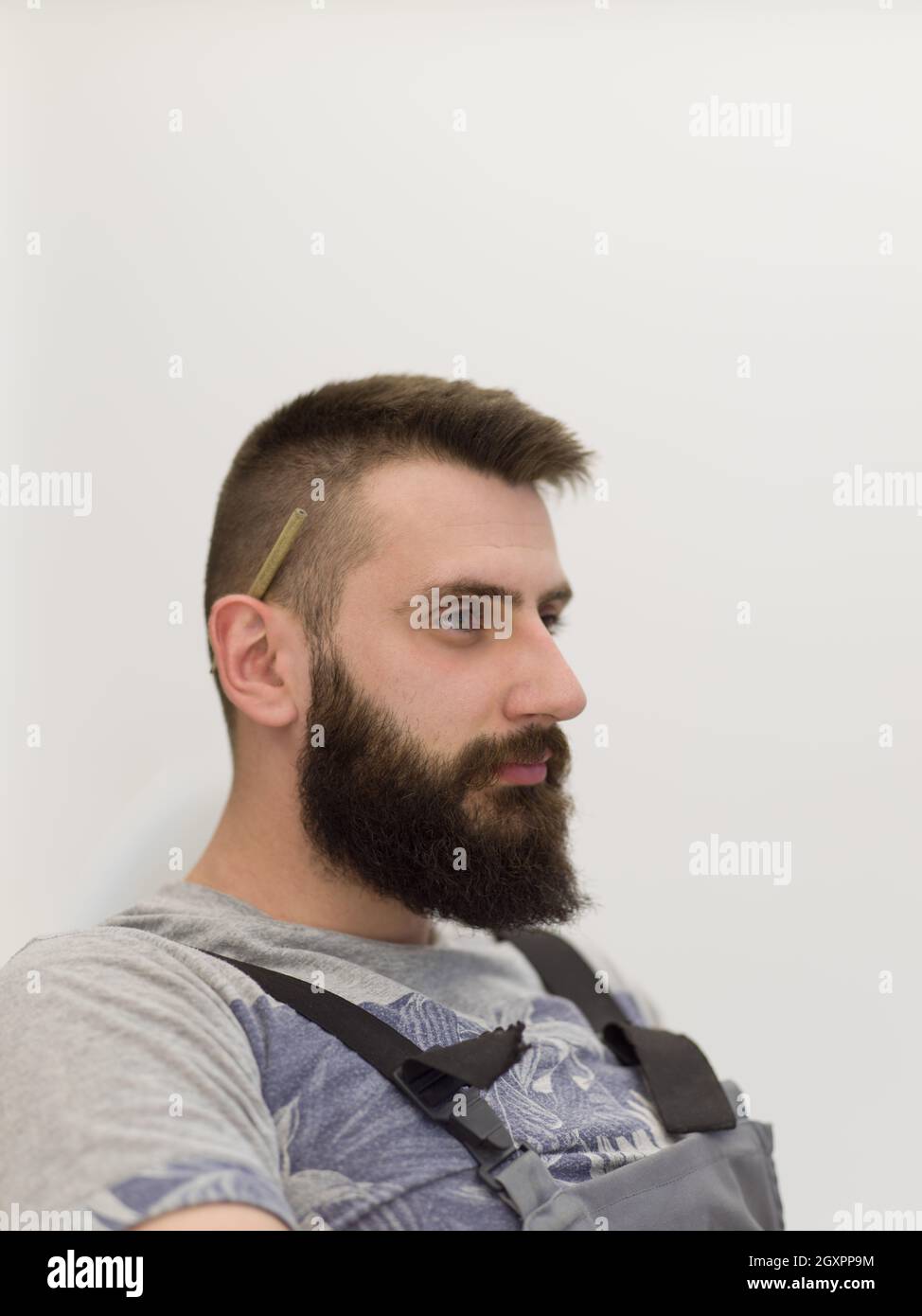 portrait of bearded hipster handyman with pen behind ear isolated on ...