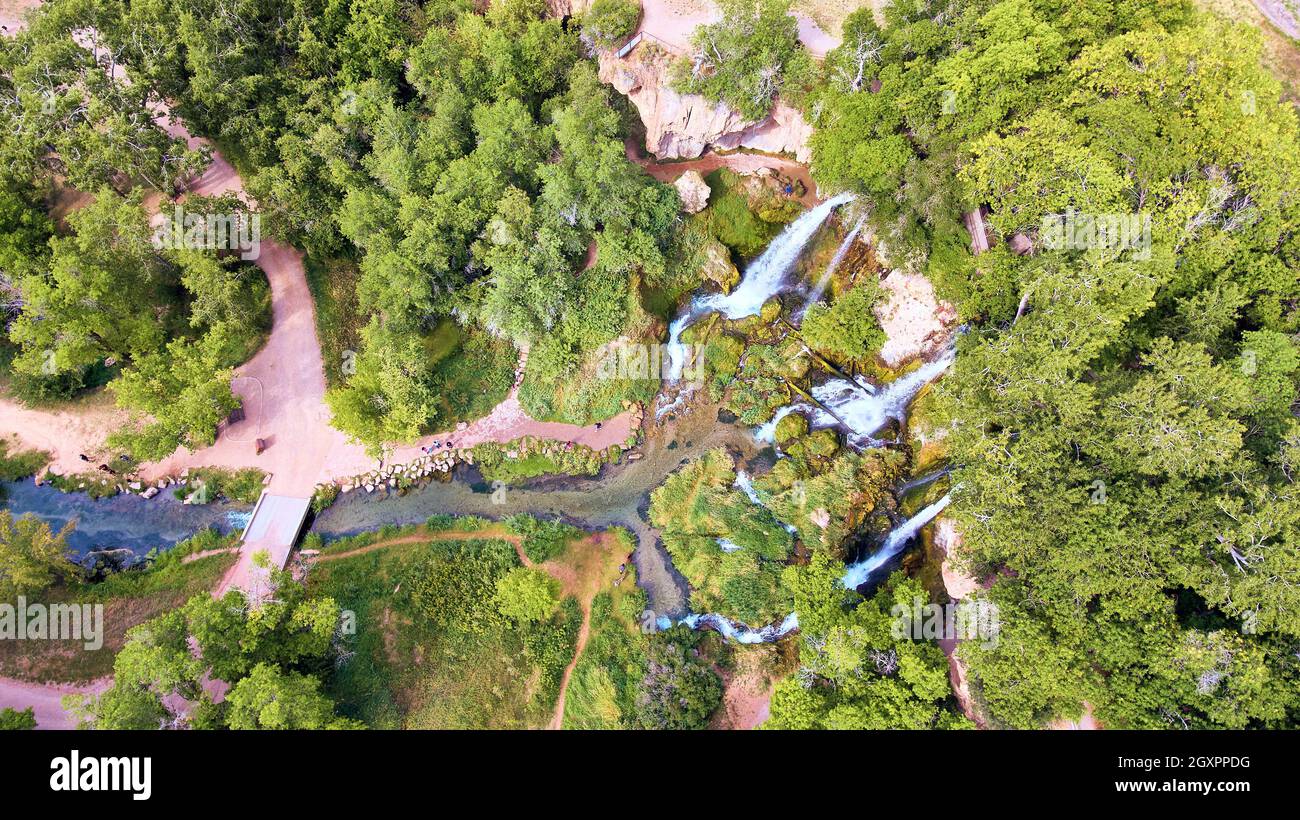 Aerial down view of park with three waterfalls into one river Stock ...