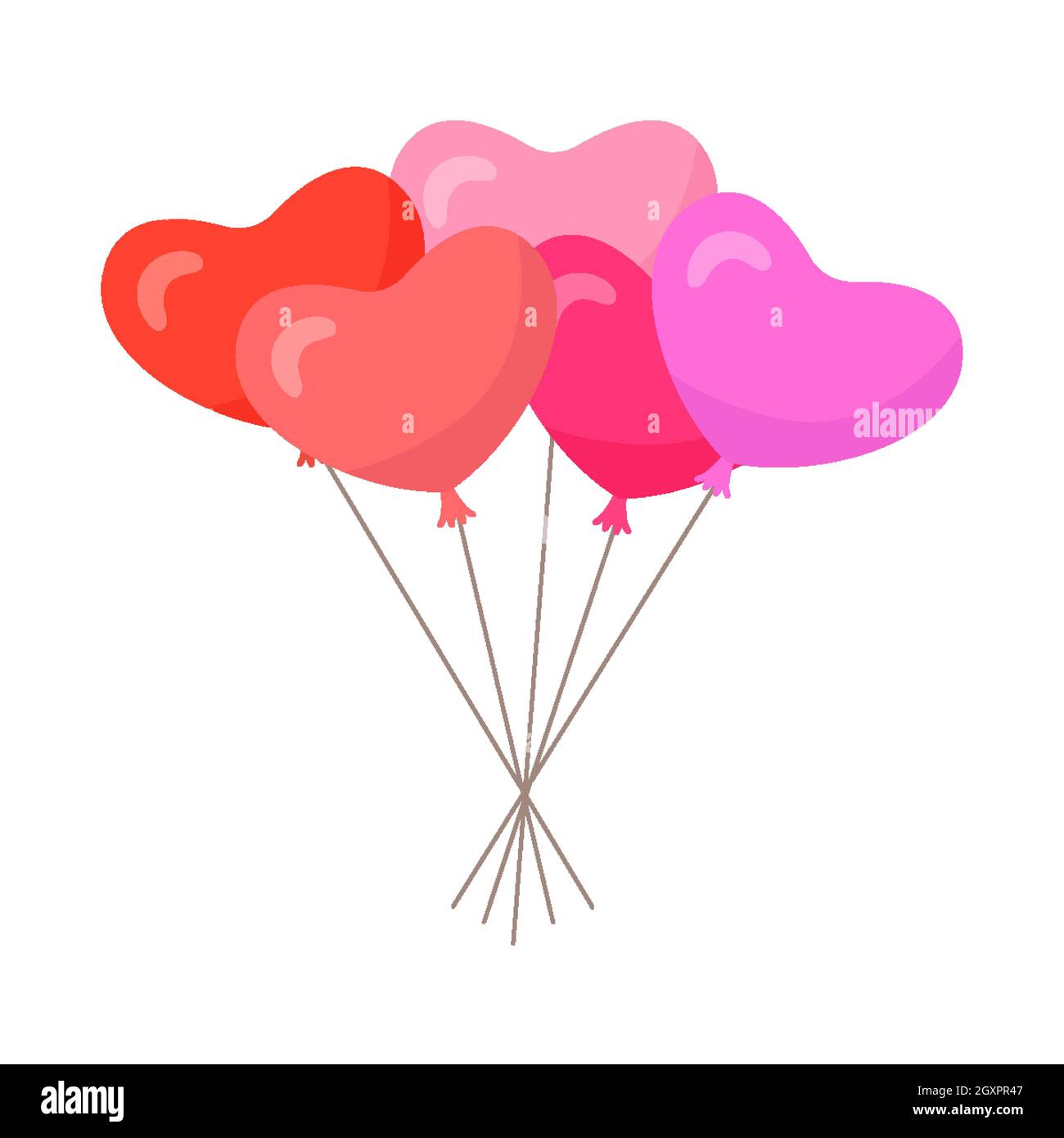 Balloon pink red heart bundle helium air with rope flat style. Saint ...