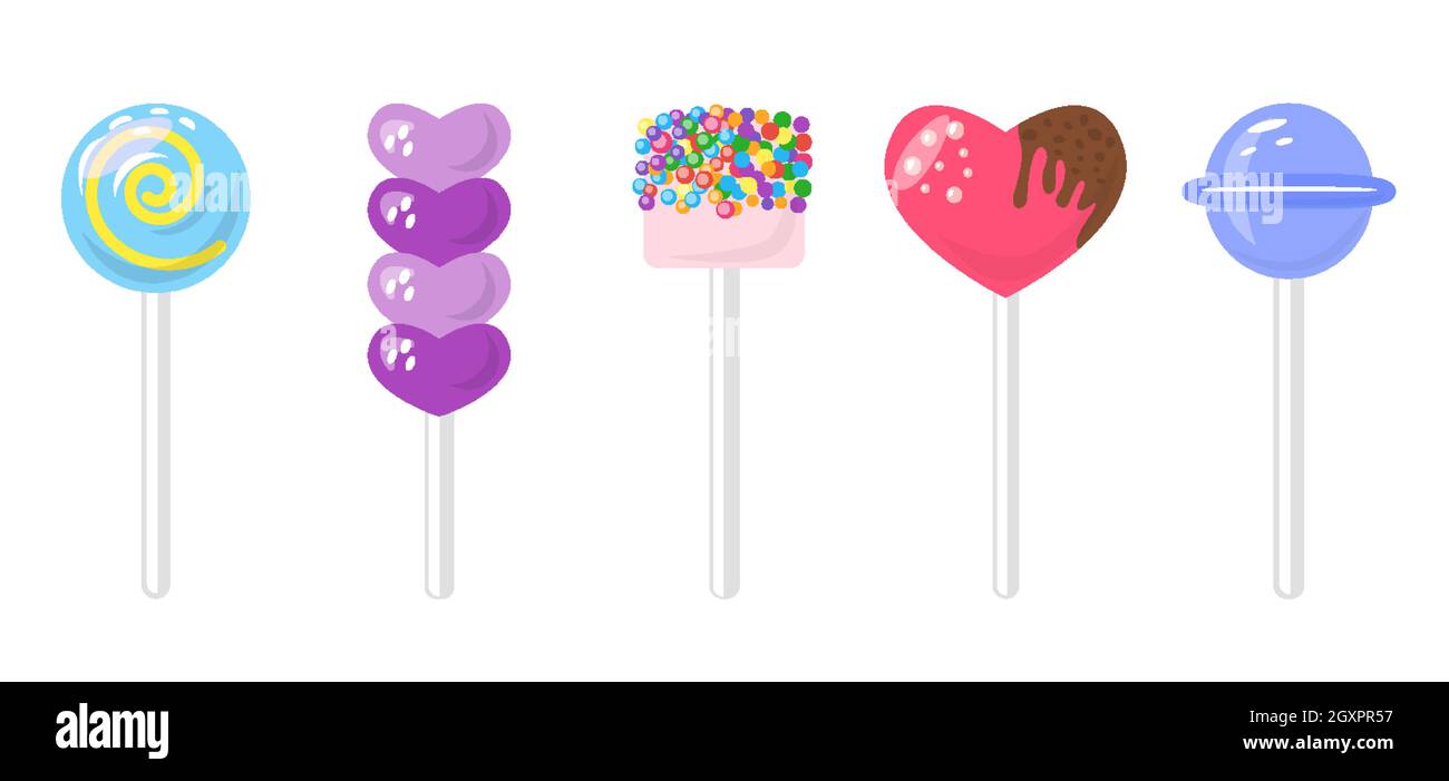 Candy set flat cartoon on a stick. Marshmallows with colored sprinkles ...