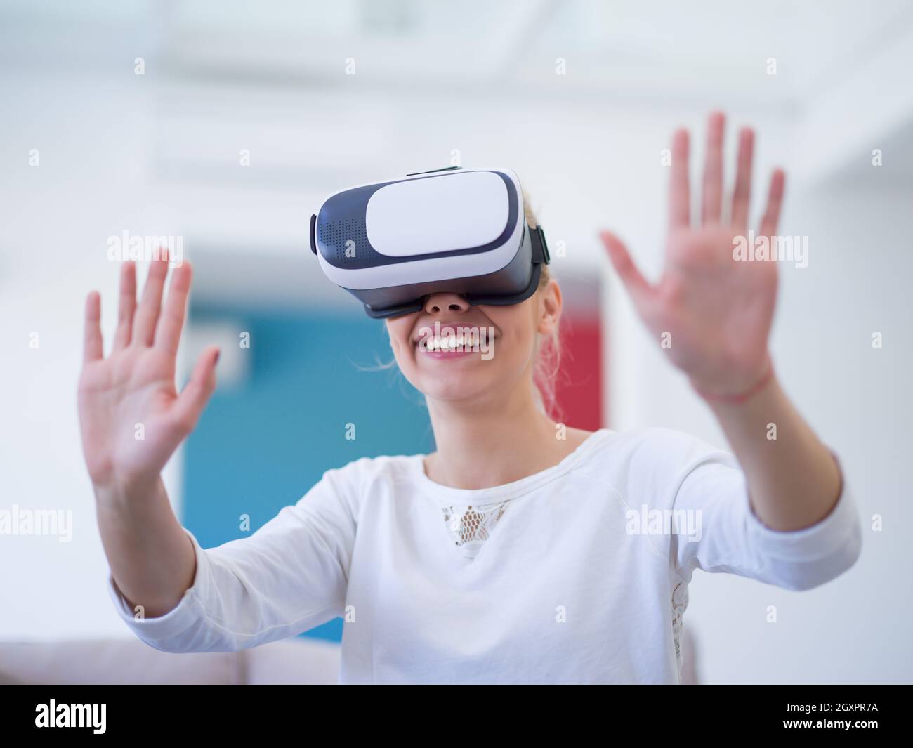 Smile happy woman getting experience using VR-headset glasses of ...