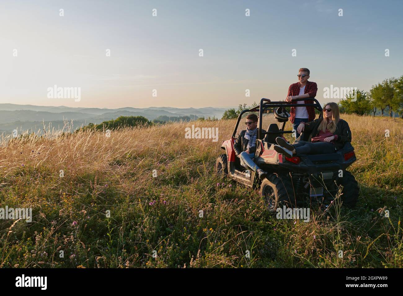 portrait of group young happy people enjoying beautiful sunny day while ...