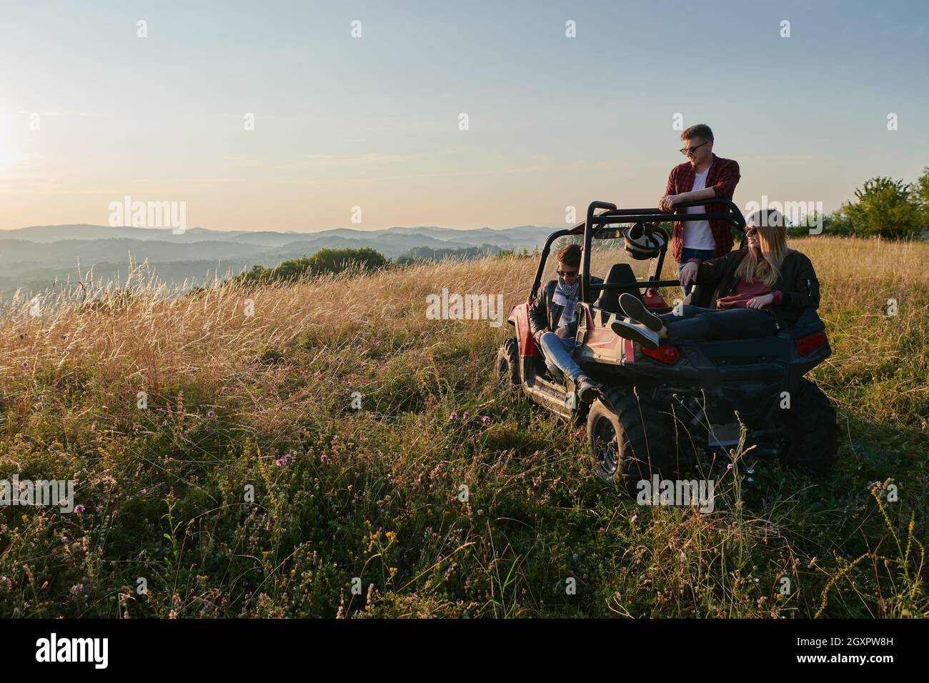 portrait of group young happy people enjoying beautiful sunny day while ...