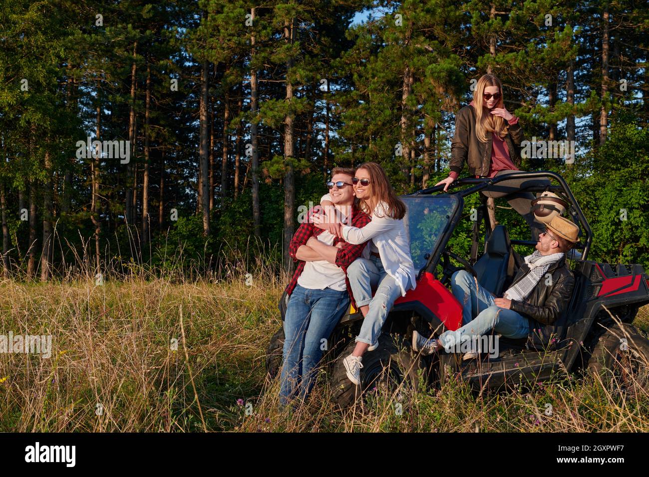 portrait of group young happy people enjoying beautiful sunny day while ...