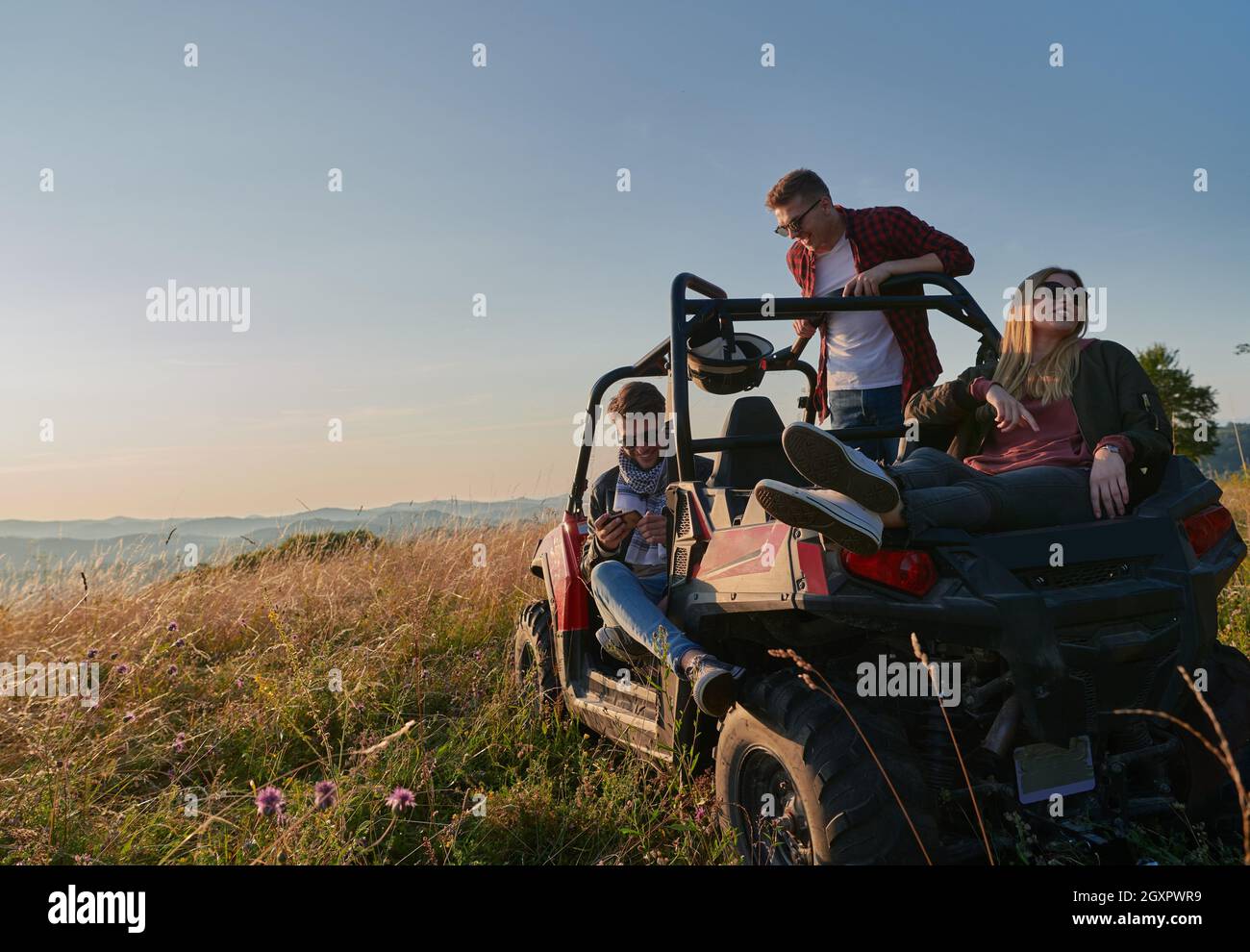 portrait of group young happy people enjoying beautiful sunny day while ...