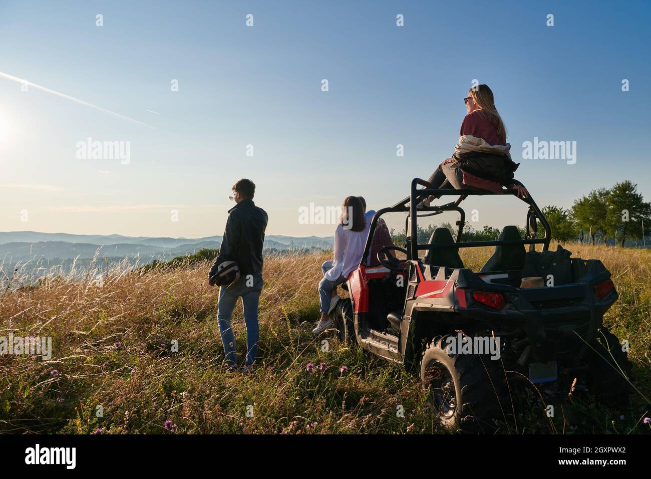 portrait of group young happy people enjoying beautiful sunny day while ...