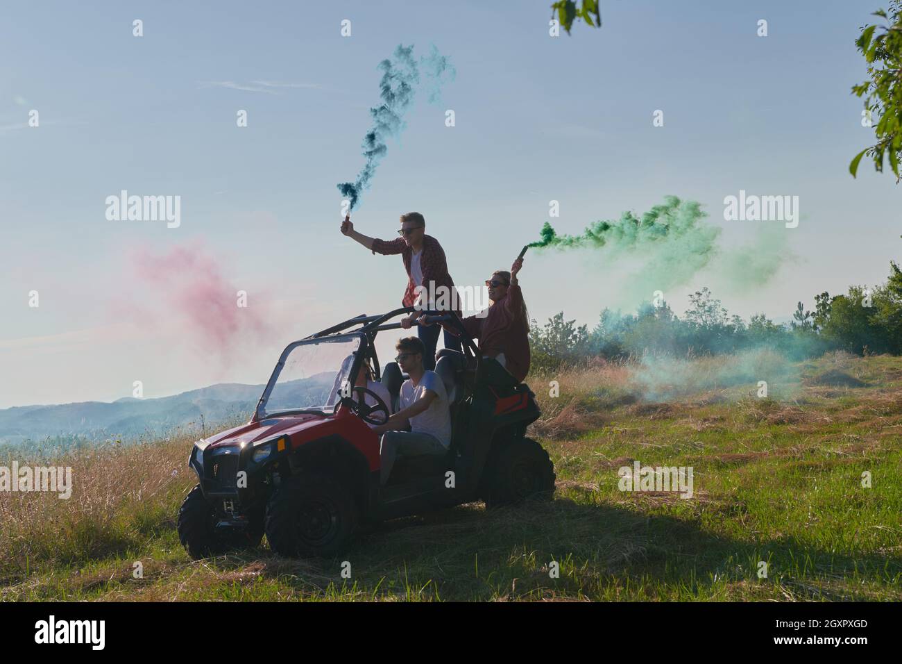 group of young happy excited people having fun enjoying beautiful sunny ...