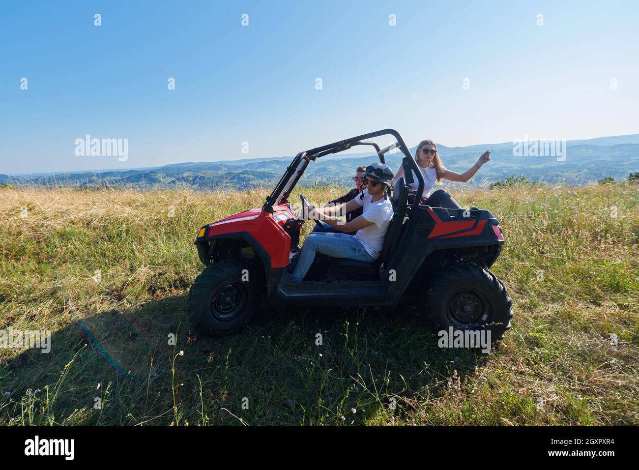 portrait of group young happy people enjoying beautiful sunny day while ...