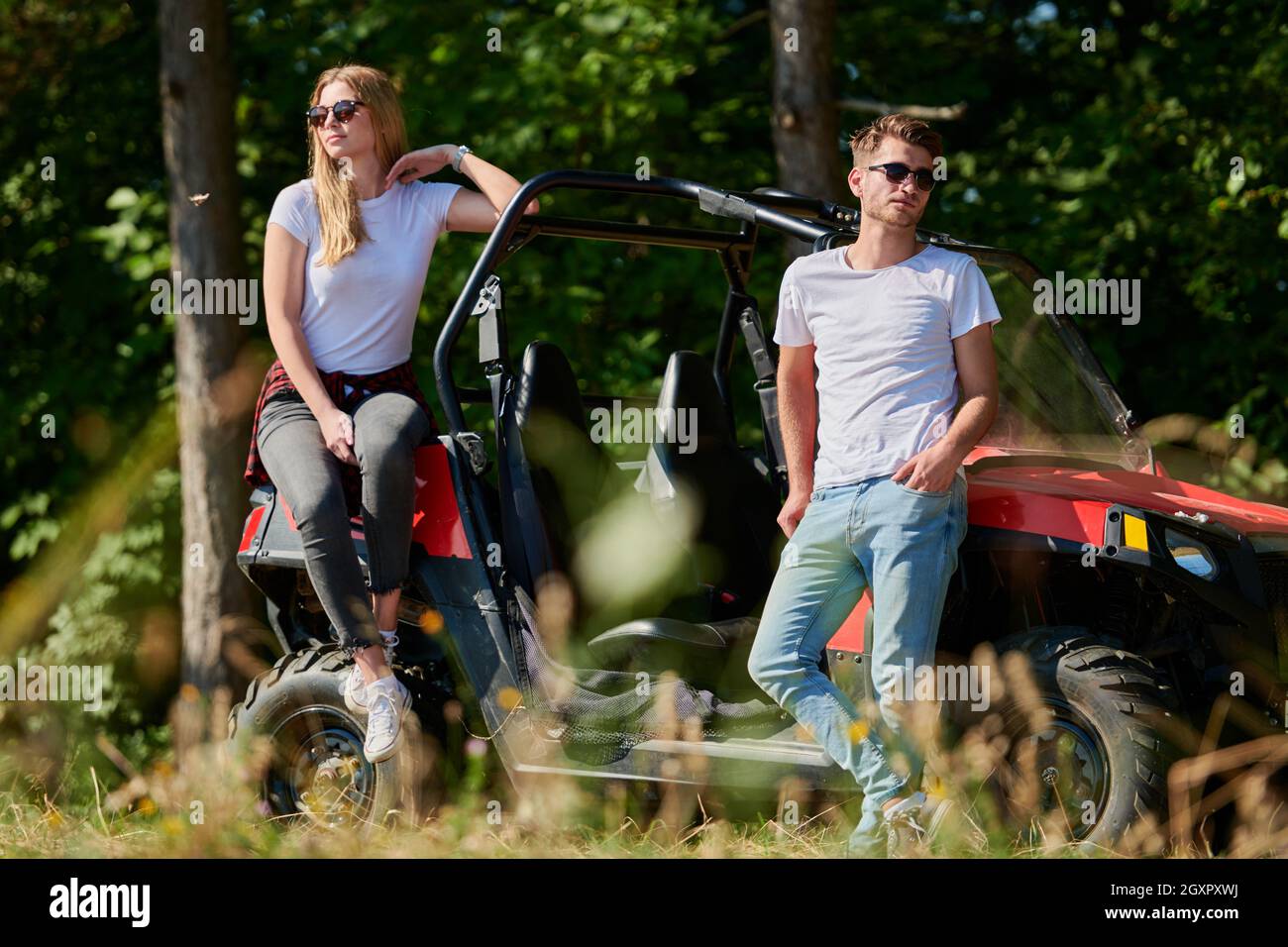 portrait of young happy excited couple enjoying beautiful sunny day ...