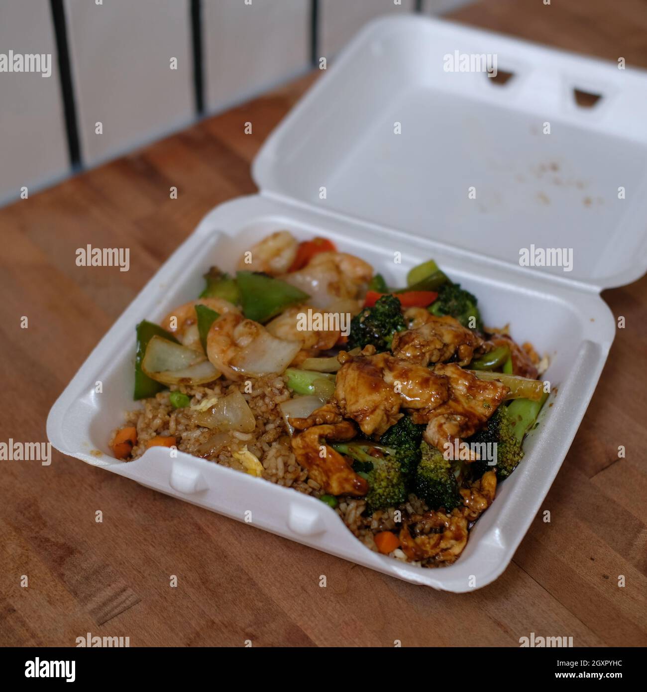 Cafeteria food court chinese food in disposable polystyrene takeout ...