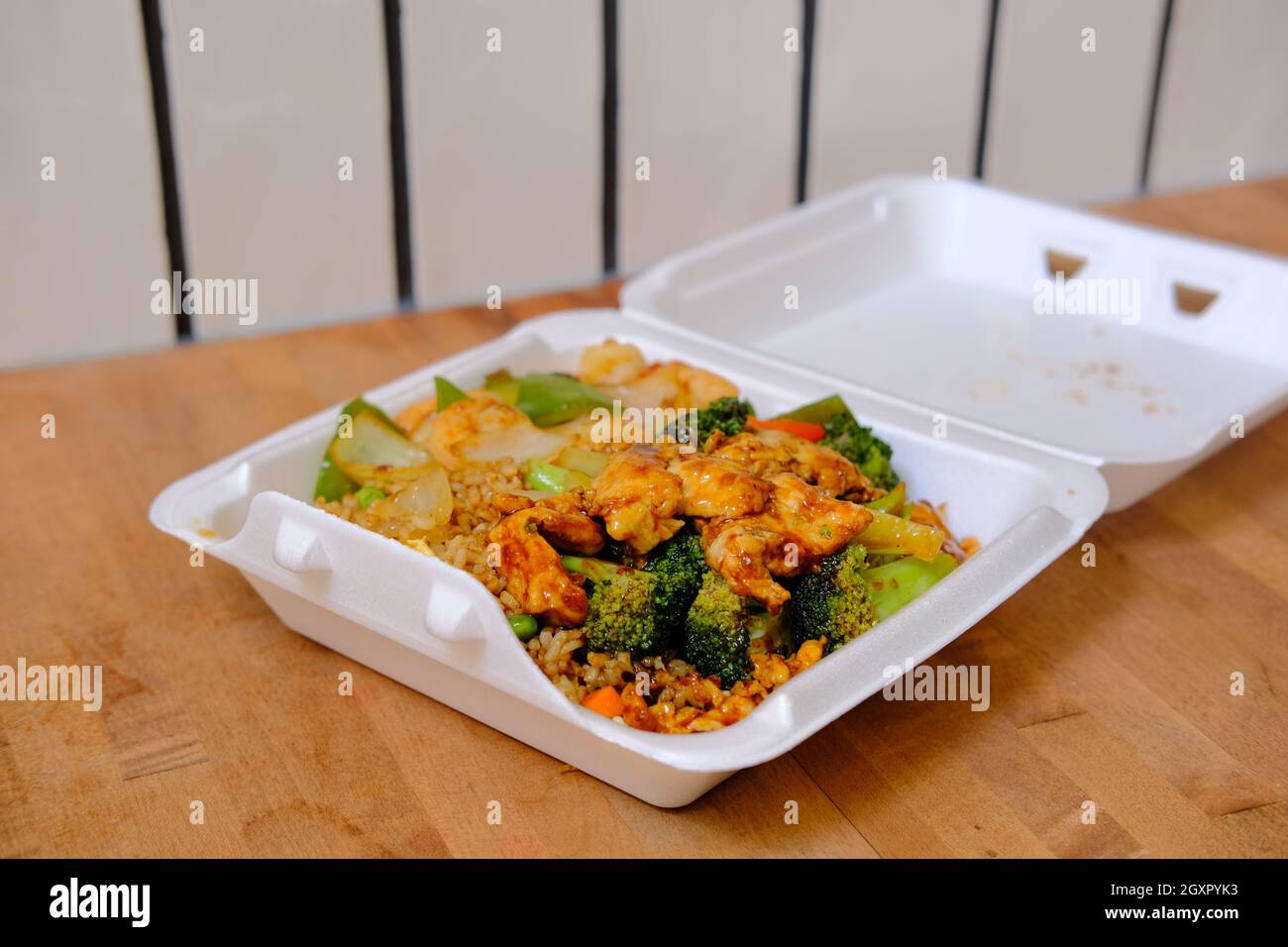 Cafeteria food court chinese food in disposable polystyrene takeout ...