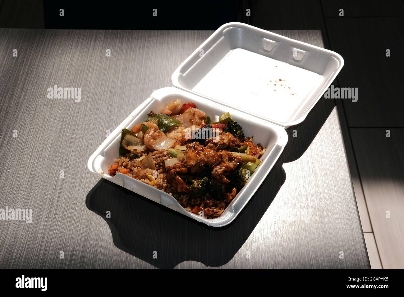 Cafeteria food court chinese food in disposable polystyrene takeout ...