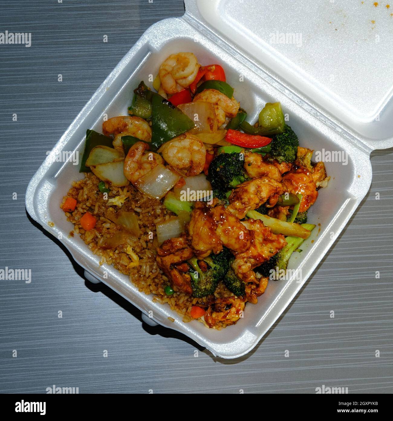 Cafeteria food court chinese food in disposable polystyrene takeout ...