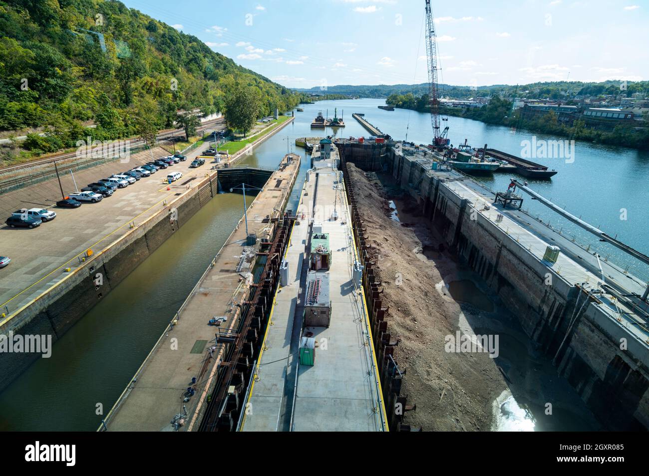 The new lock chamber (right) is emptied of water next to an older and ...